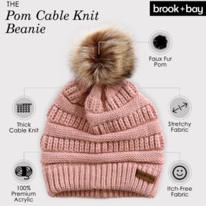 Brook + Bay - Beanie Hats for Women, Pom Pom Hat Soft Chunky Knit Beanie for Cold Weather, Stocking Cap for Women Winter Hats Pink