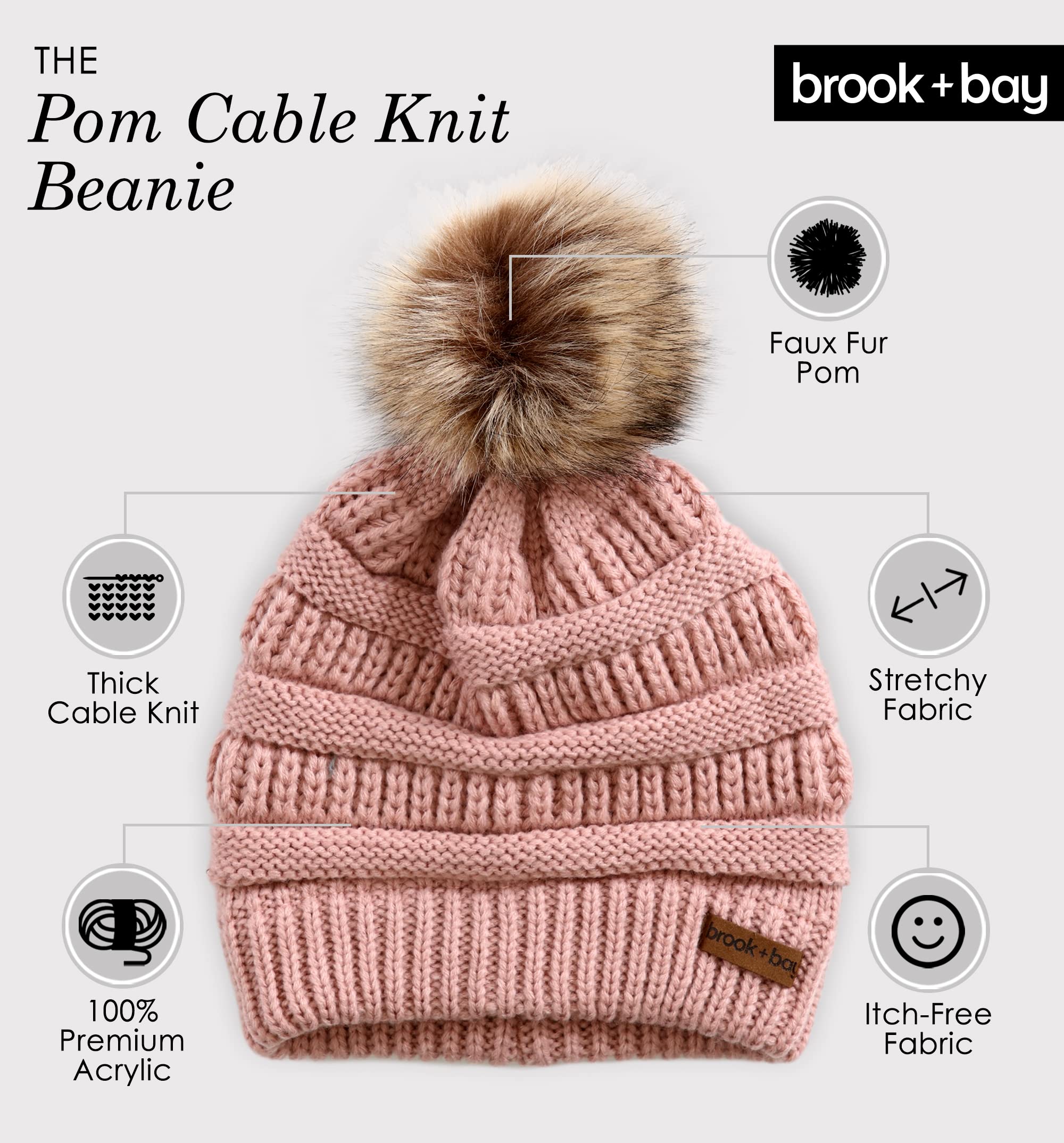 Brook + Bay - Beanie Hats for Women, Pom Pom Hat Soft Chunky Knit Beanie for Cold Weather, Stocking Cap for Women Winter Hats Pink