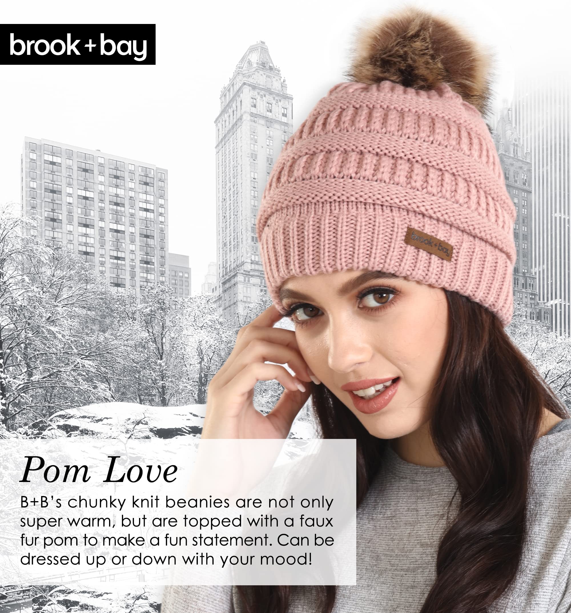 Brook + Bay - Beanie Hats for Women, Pom Pom Hat Soft Chunky Knit Beanie for Cold Weather, Stocking Cap for Women Winter Hats Pink