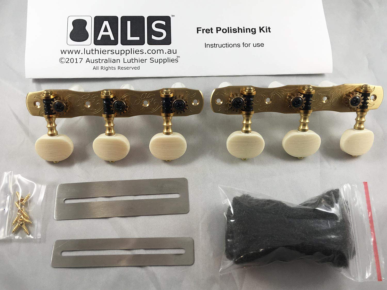 Gotoh Classical Guitar Machine Heads (Bonus ALS Fret Polishing Kit) 35G1800-2M Model Tuners by Gotoh Japan Solid Brass with Ivoroid Buttons - Fret Polishing Kit by Australian Luthier Supplies