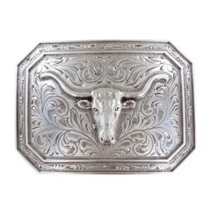 ariat silver rectangle buckle with longhorn motif and western scroll engraving, smooth edge design, 4" x 3"