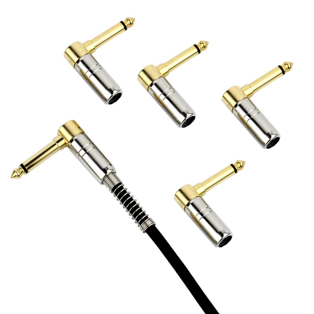 1/4" Audio Plugs 6.35 mm Plug TS Male 1/4'' Solder Type Mono Plug Right Angle Heavy Duty Connector with Buffered Spring for DJ Mixer Speaker Guitar, Phono Patch Cable Microphone Cables (5P)