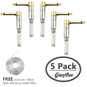 1/4" Audio Plugs 6.35 mm Plug TS Male 1/4'' Solder Type Mono Plug Right Angle Heavy Duty Connector with Buffered Spring for DJ Mixer Speaker Guitar, Phono Patch Cable Microphone Cables (5P)