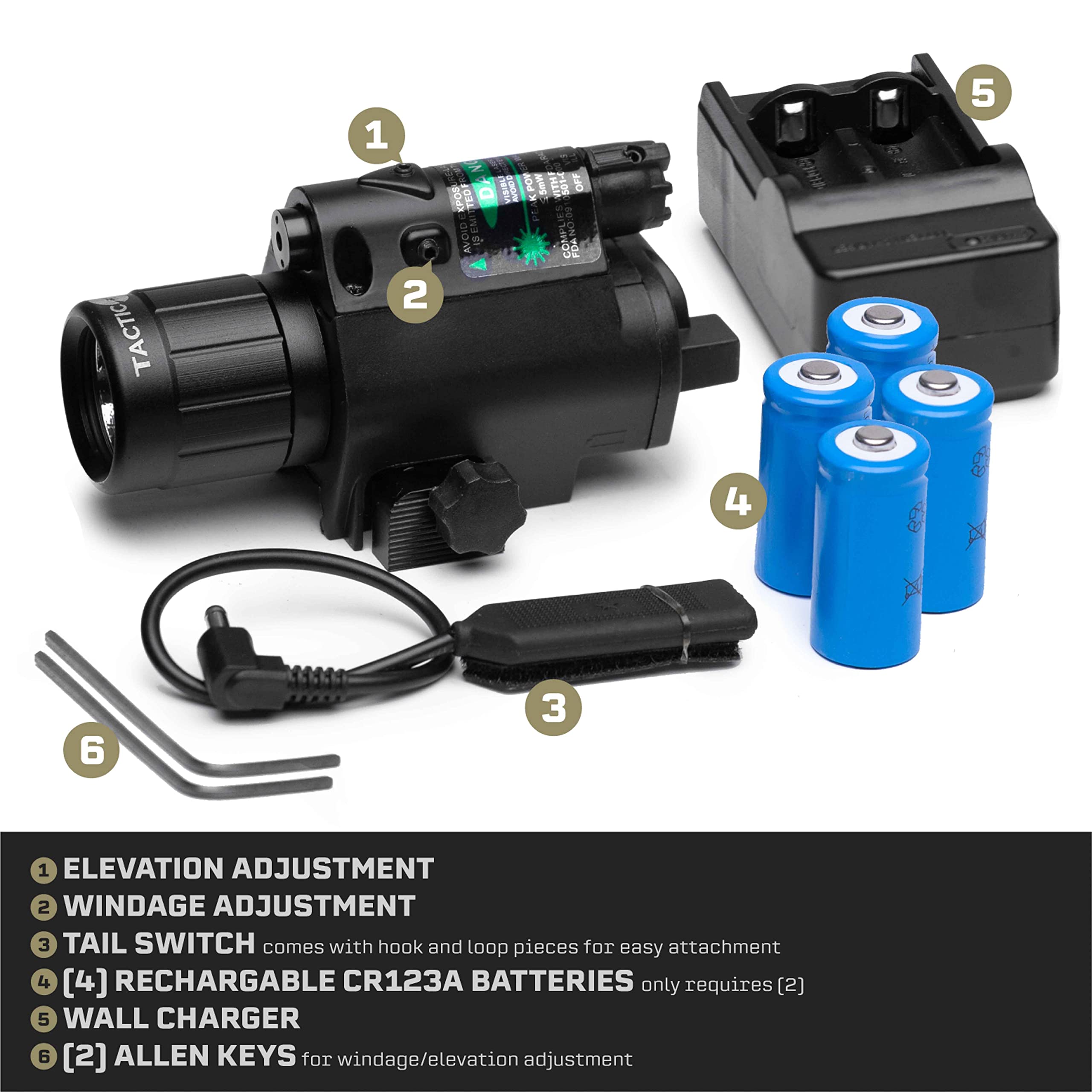 Tacticon Armament Green Laser Flashlight for Handgun or Rifle with Picatinny Rail Mount and Tail Switch (Green-Laser)