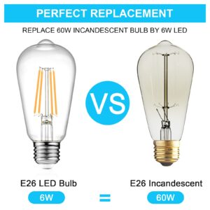 Ascher Vintage LED Edison Bulbs, 6W, Equivalent 60W, Non-Dimmable, High Brightness Warm White 2700K, ST58 Antique LED Filament Bulbs with 80+ CRI, E26 Medium Base, Clear Glass, Pack of 4