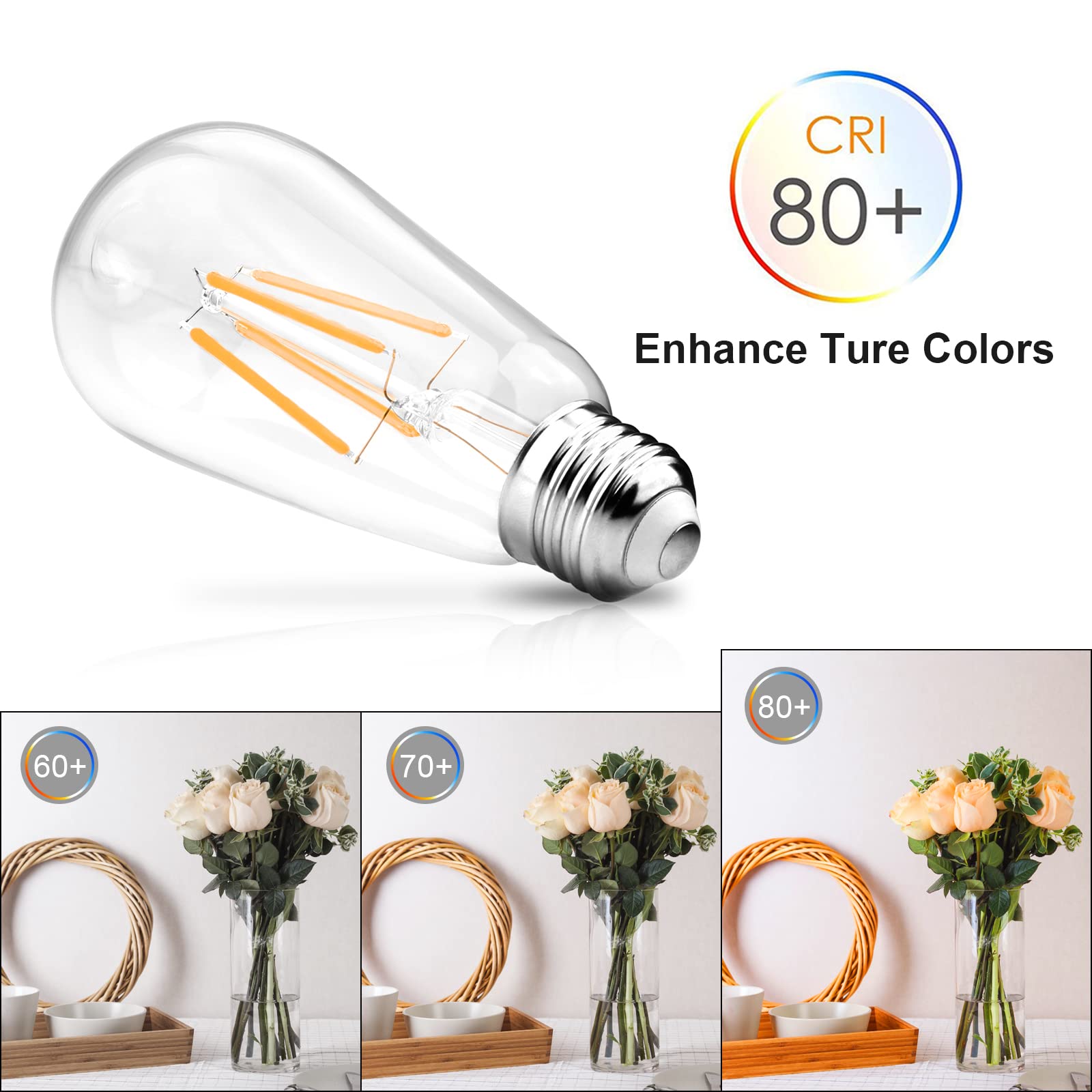 Ascher Vintage LED Edison Bulbs, 6W, Equivalent 60W, Non-Dimmable, High Brightness Warm White 2700K, ST58 Antique LED Filament Bulbs with 80+ CRI, E26 Medium Base, Clear Glass, Pack of 4