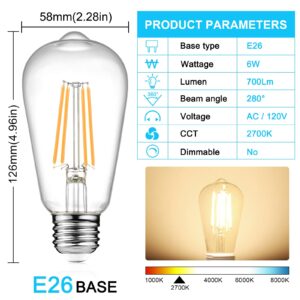 Ascher Vintage LED Edison Bulbs, 6W, Equivalent 60W, Non-Dimmable, High Brightness Warm White 2700K, ST58 Antique LED Filament Bulbs with 80+ CRI, E26 Medium Base, Clear Glass, Pack of 4