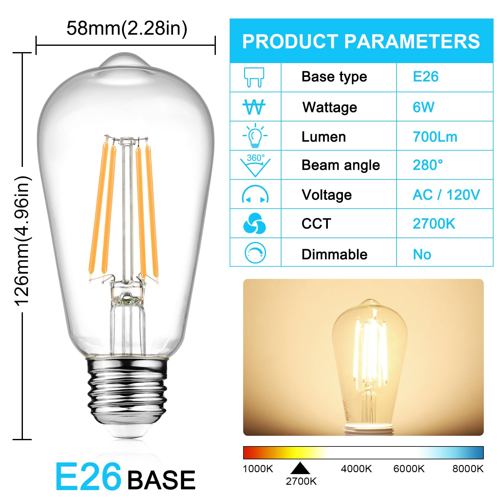 Ascher Vintage LED Edison Bulbs, 6W, Equivalent 60W, Non-Dimmable, High Brightness Warm White 2700K, ST58 Antique LED Filament Bulbs with 80+ CRI, E26 Medium Base, Clear Glass, Pack of 4