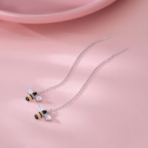 SLUYNZ 925 Sterling Silver Bumble Bee Dangle Earrings for Women Teens Threader Earrings Chain (Silver)