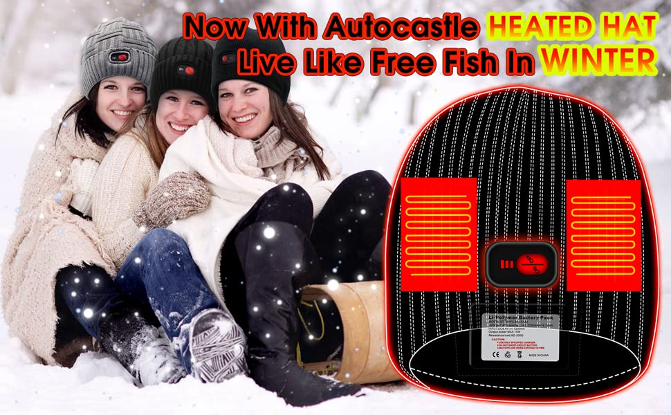 Autocastle Men Women Rechargeable Electric Warm Heated Hat Winter Battery Heat Skull Beanie (Pinstrip-Black, One Size)