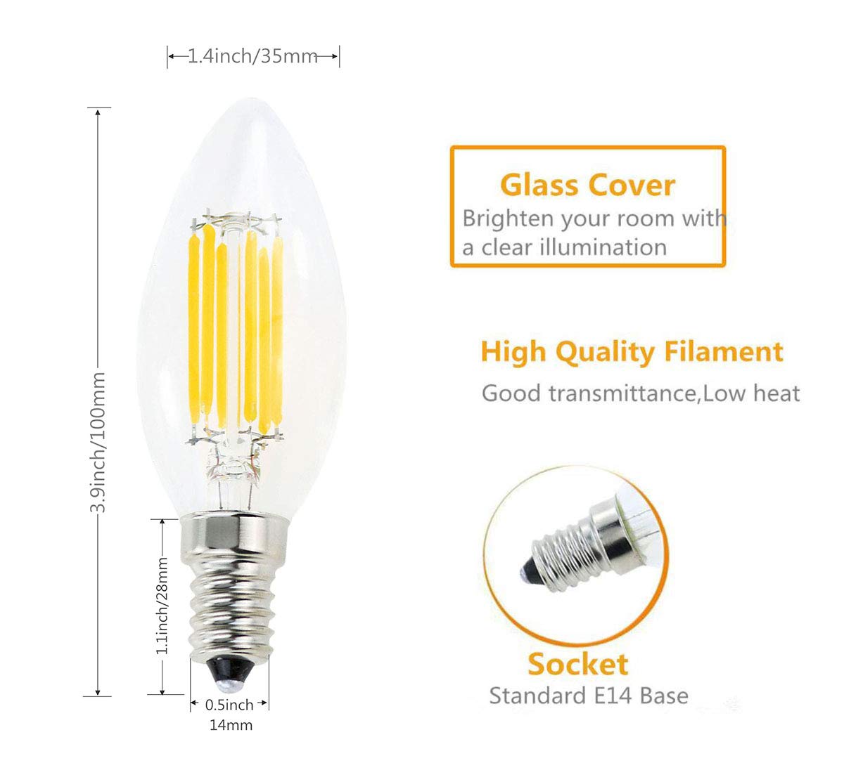 Lamsky E14 LED Filament Candle Shape Light Bulb,E14 European Base Bulb,Daylight 6000K 600LM 60W Equivalent,C35 Clear Glass Torpedo Shape Bullet Top,No-Dimmable (4-Pack)