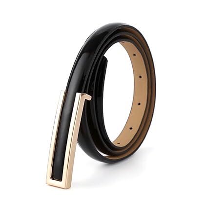 Women's Belt Fashion Elegant Dress Skinny Patent Leather Belts Waistband Thin Waist Belt Alloy Gold Buckle, Black, For Waist 28"- 34", Women Size S-M, 4-6