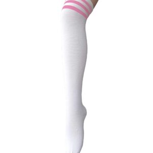 Century Star Women's Casual Athlete Striped Over Knee Thin Thigh High Tights Long Stocking Socks B 1 Pair White Pink One Size