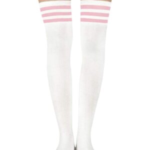 Century Star Women's Casual Athlete Striped Over Knee Thin Thigh High Tights Long Stocking Socks B 1 Pair White Pink One Size