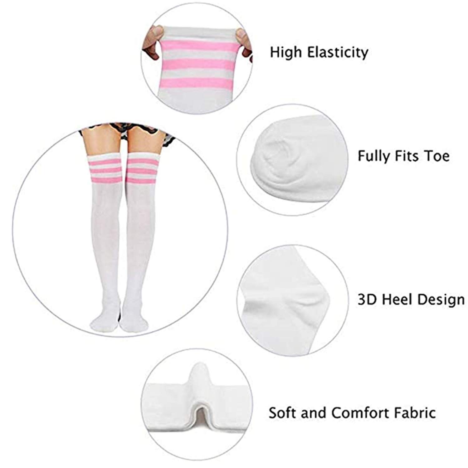 Century Star Women's Casual Athlete Striped Over Knee Thin Thigh High Tights Long Stocking Socks B 1 Pair White Pink One Size