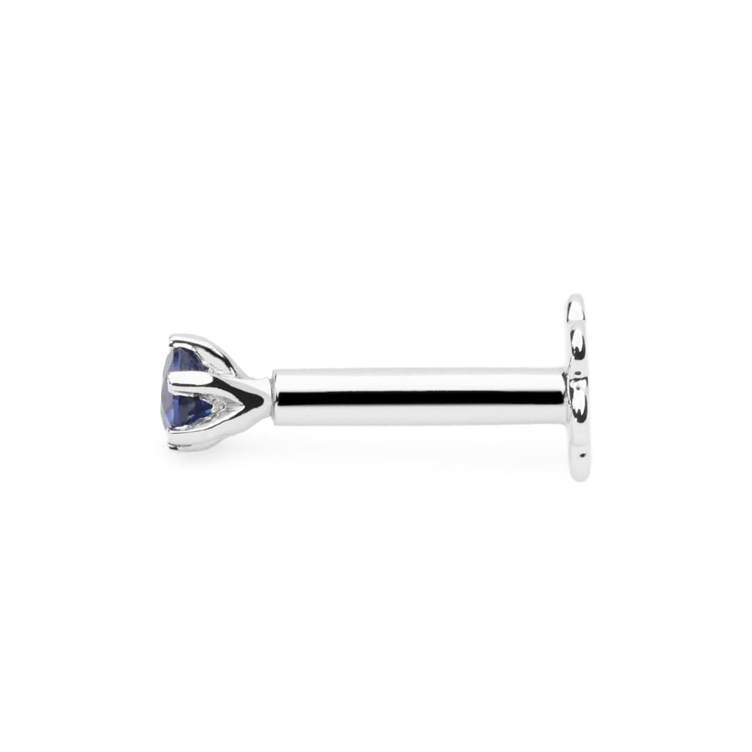 Demira Jewels 14k White Gold 2.20 mm Solitaire Real Blue Sapphire Solid Wedding Nose Lip Labret Monroe Ring Stud Screw 16 Gauge 6 mm long post.