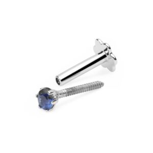 Demira Jewels 14k White Gold 2.20 mm Solitaire Real Blue Sapphire Solid Wedding Nose Lip Labret Monroe Ring Stud Screw 16 Gauge 6 mm long post.