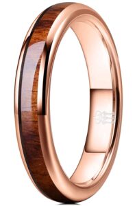 three keys jewelry 4mm tungsten carbide wedding ring for women with koa wood inlay plated rose gold domed wedding band engagement ring comfort fit size 7