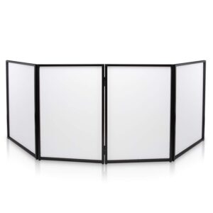 pyle dj booth foldable cover screen - portable event facade front board video light projector display scrim panel with folding steel frame panel stand, stretchable lycra spandex - pdjfac10 (white)