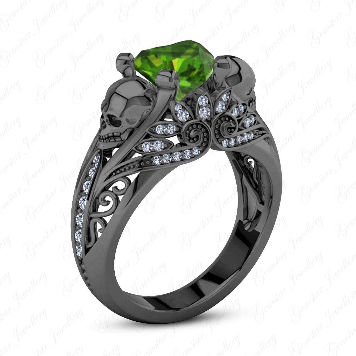 Gemstar Jewellery 14k Black Rhodium Plated Heart Green Emerald Gothic Skull Ring in 925 Sterling Silver