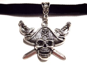 handmade jolly roger pirate skull & crossed swords pendant on black velvet choker necklace