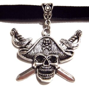 Handmade Jolly Roger Pirate Skull & Crossed Swords Pendant on Black Velvet Choker Necklace