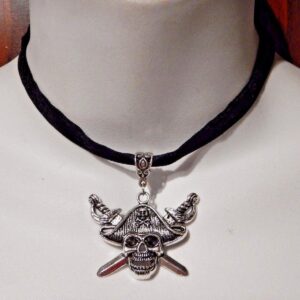 Handmade Jolly Roger Pirate Skull & Crossed Swords Pendant on Black Velvet Choker Necklace