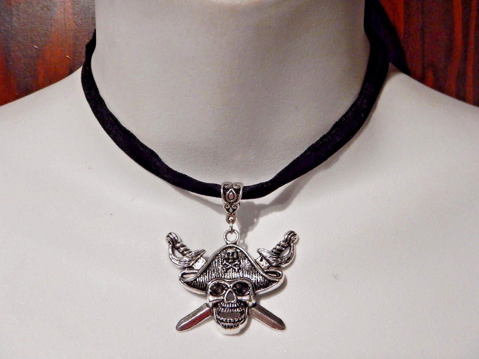 Handmade Jolly Roger Pirate Skull & Crossed Swords Pendant on Black Velvet Choker Necklace