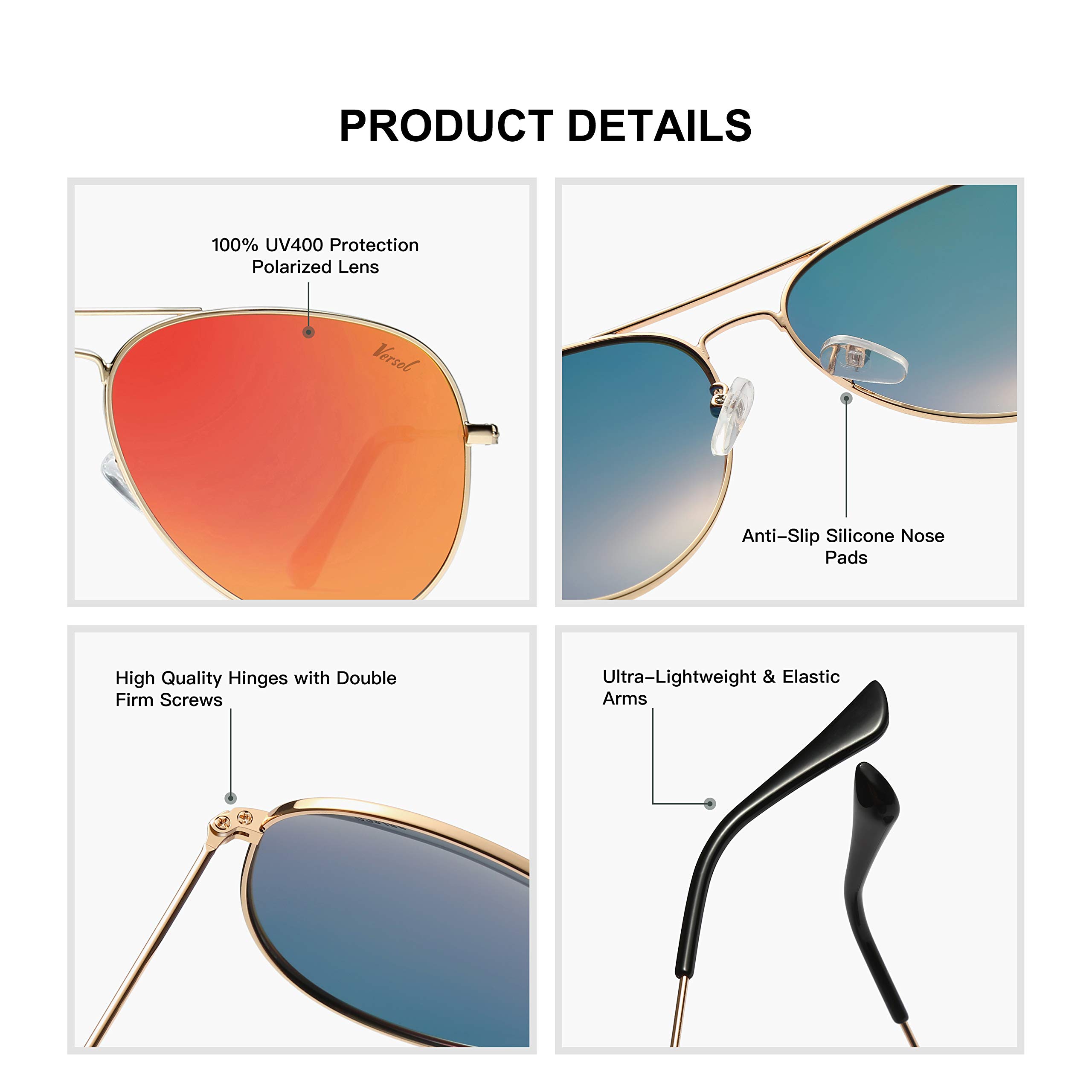 Versol Aviator Sunglasses for Men Women Mirrored Lens UV400 Protection Lightweight Polarized Aviators Sunglasses Orange Mirror Lens