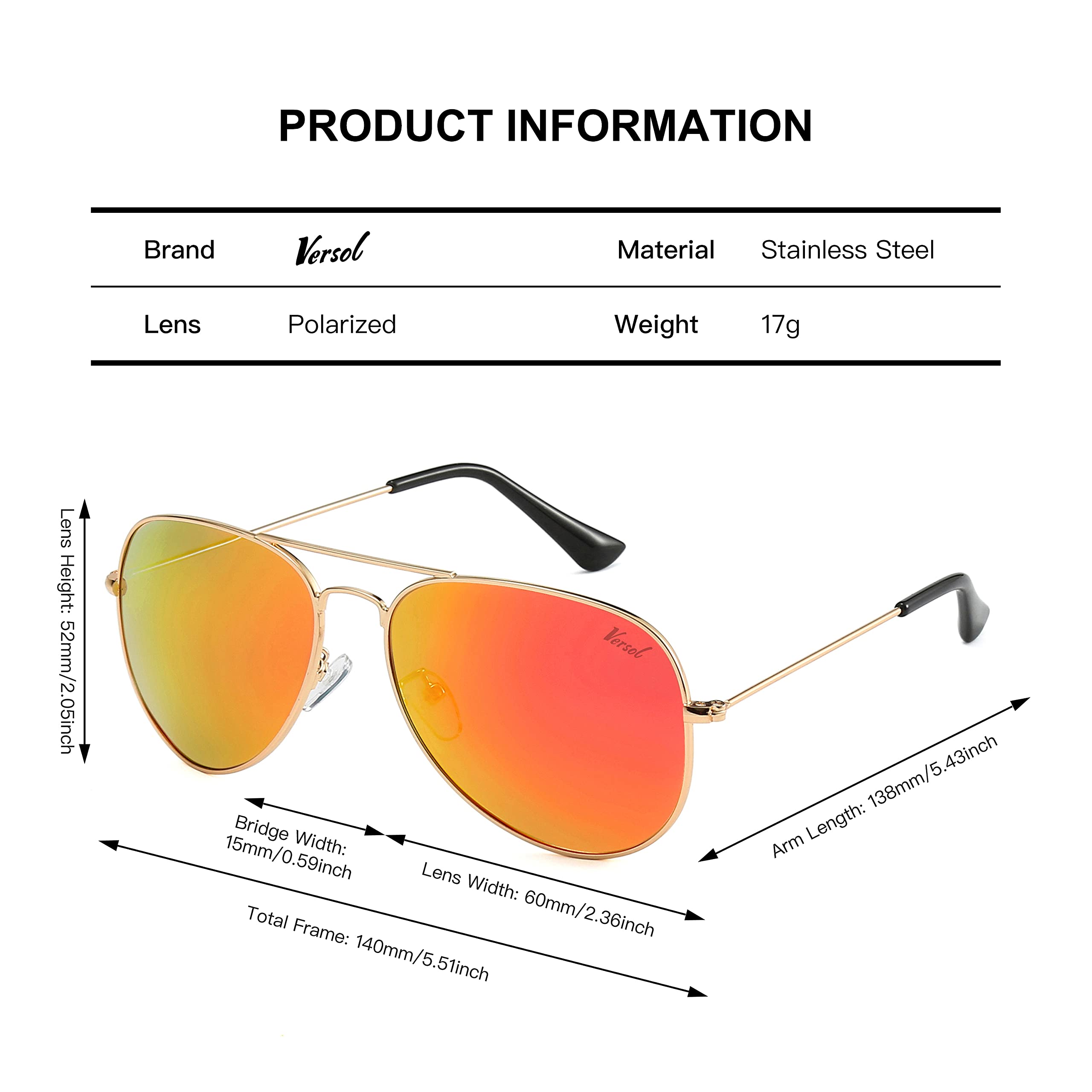 Versol Aviator Sunglasses for Men Women Mirrored Lens UV400 Protection Lightweight Polarized Aviators Sunglasses Orange Mirror Lens