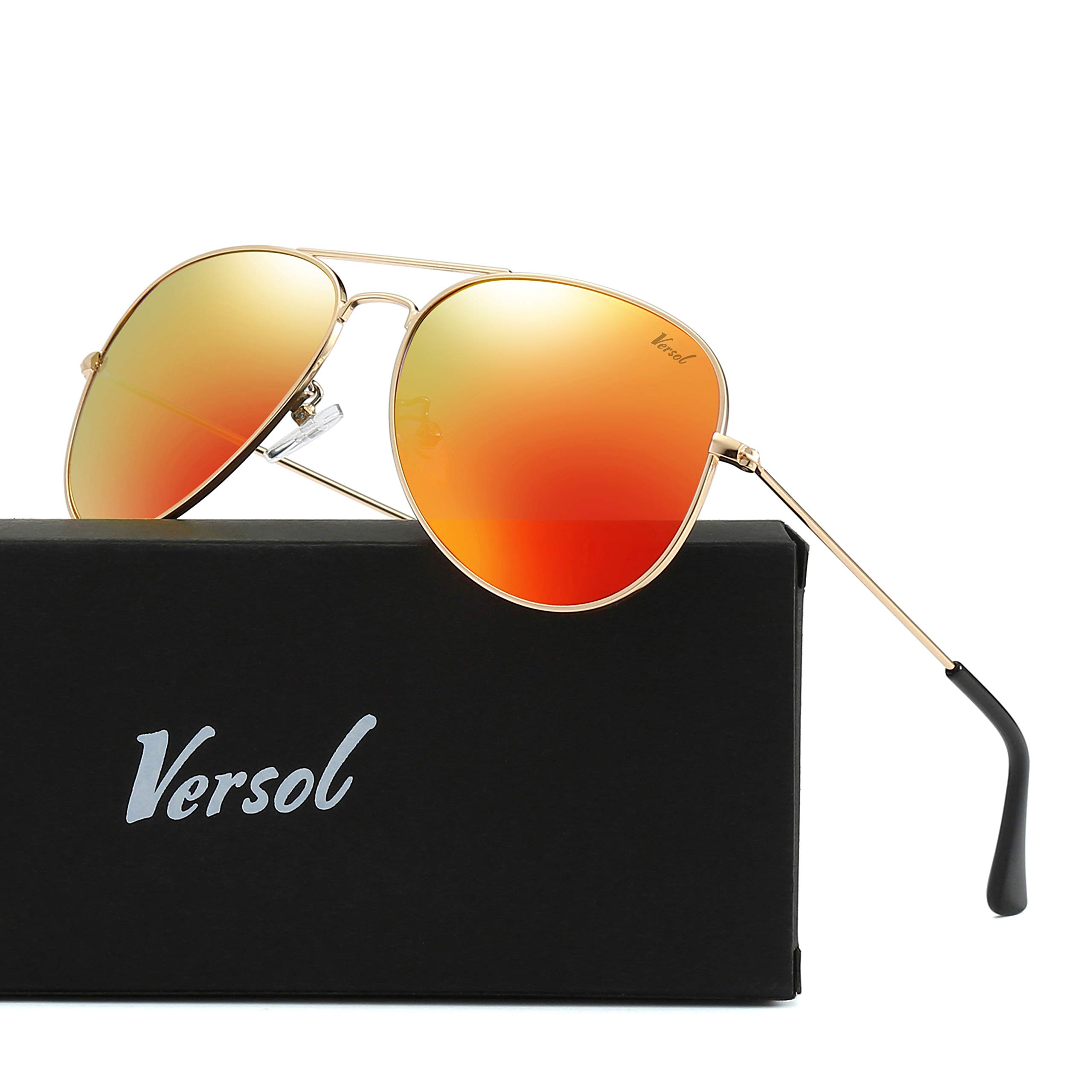 Versol Aviator Sunglasses for Men Women Mirrored Lens UV400 Protection Lightweight Polarized Aviators Sunglasses Orange Mirror Lens