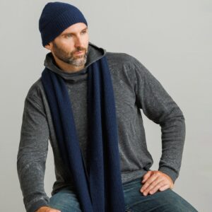 Fishers Finery Men's 100% Cashmere Ribbed Knit Hat and Scarf Gift Set (Black)