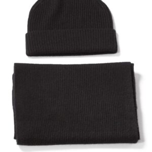 Fishers Finery Men's 100% Cashmere Ribbed Knit Hat and Scarf Gift Set (Black)