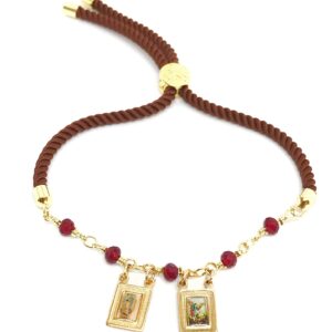 LESLIE BOULES Scapular Bracelet with Crystal Beads & Brown Satin Cord Adjustable