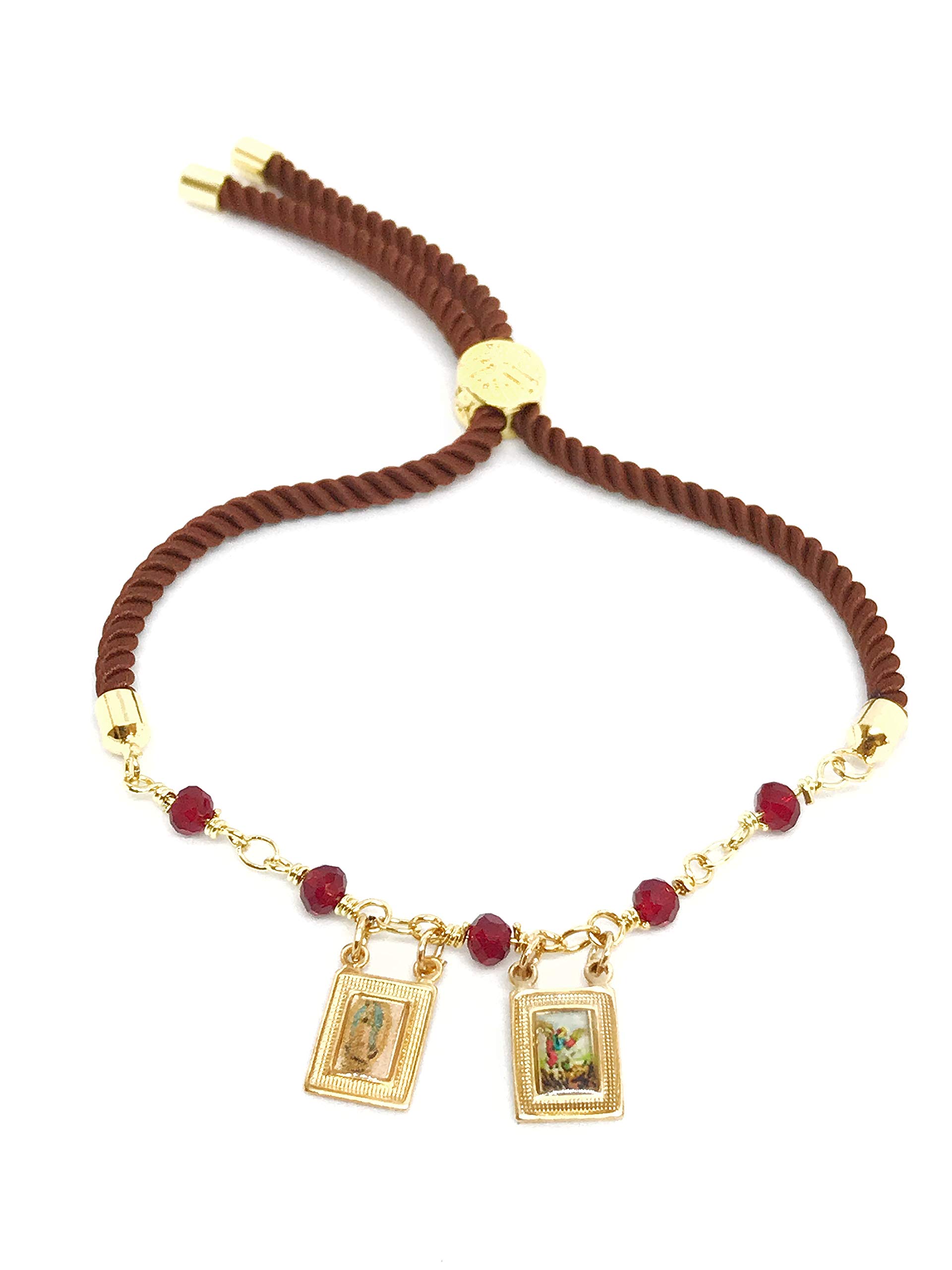 LESLIE BOULES Scapular Bracelet with Crystal Beads & Brown Satin Cord Adjustable