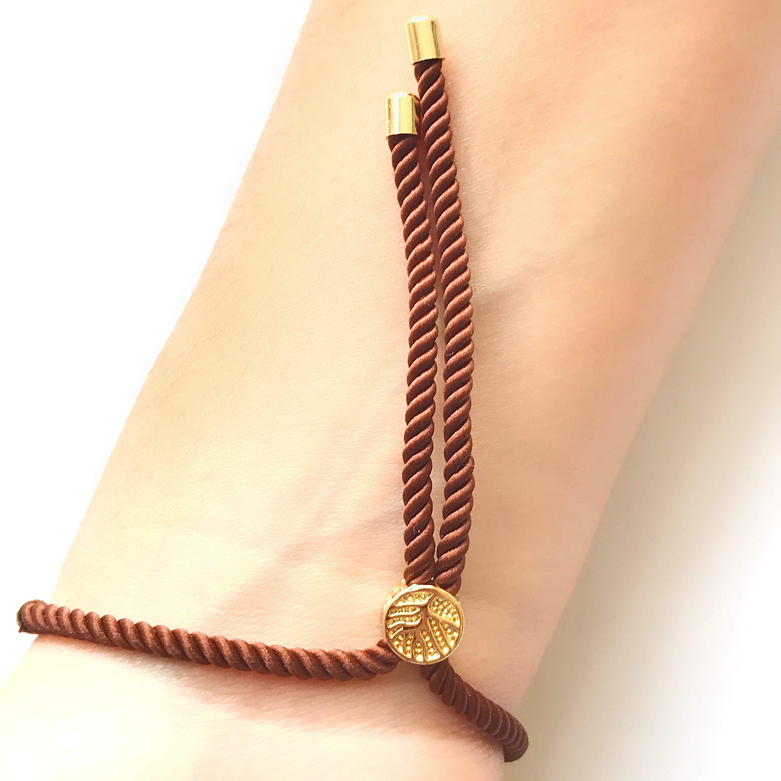 LESLIE BOULES Scapular Bracelet with Crystal Beads & Brown Satin Cord Adjustable