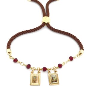 LESLIE BOULES Scapular Bracelet with Crystal Beads & Brown Satin Cord Adjustable