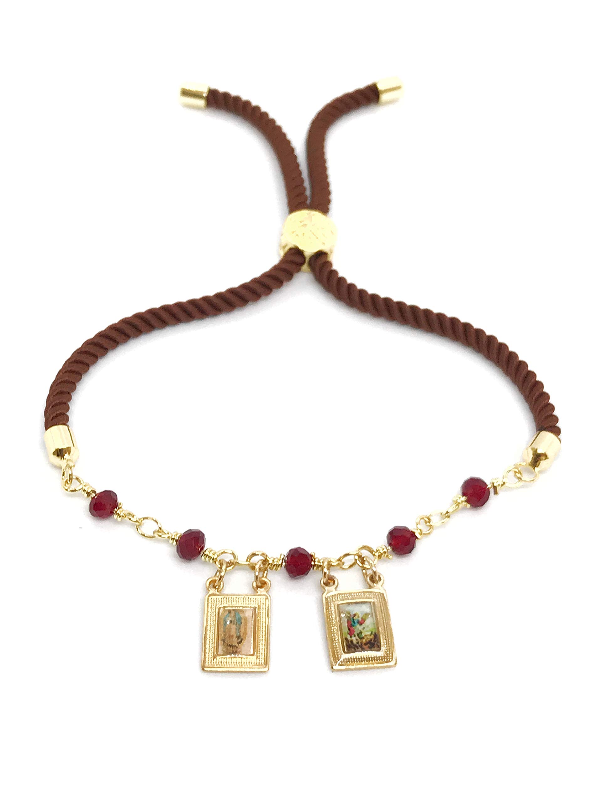 LESLIE BOULES Scapular Bracelet with Crystal Beads & Brown Satin Cord Adjustable