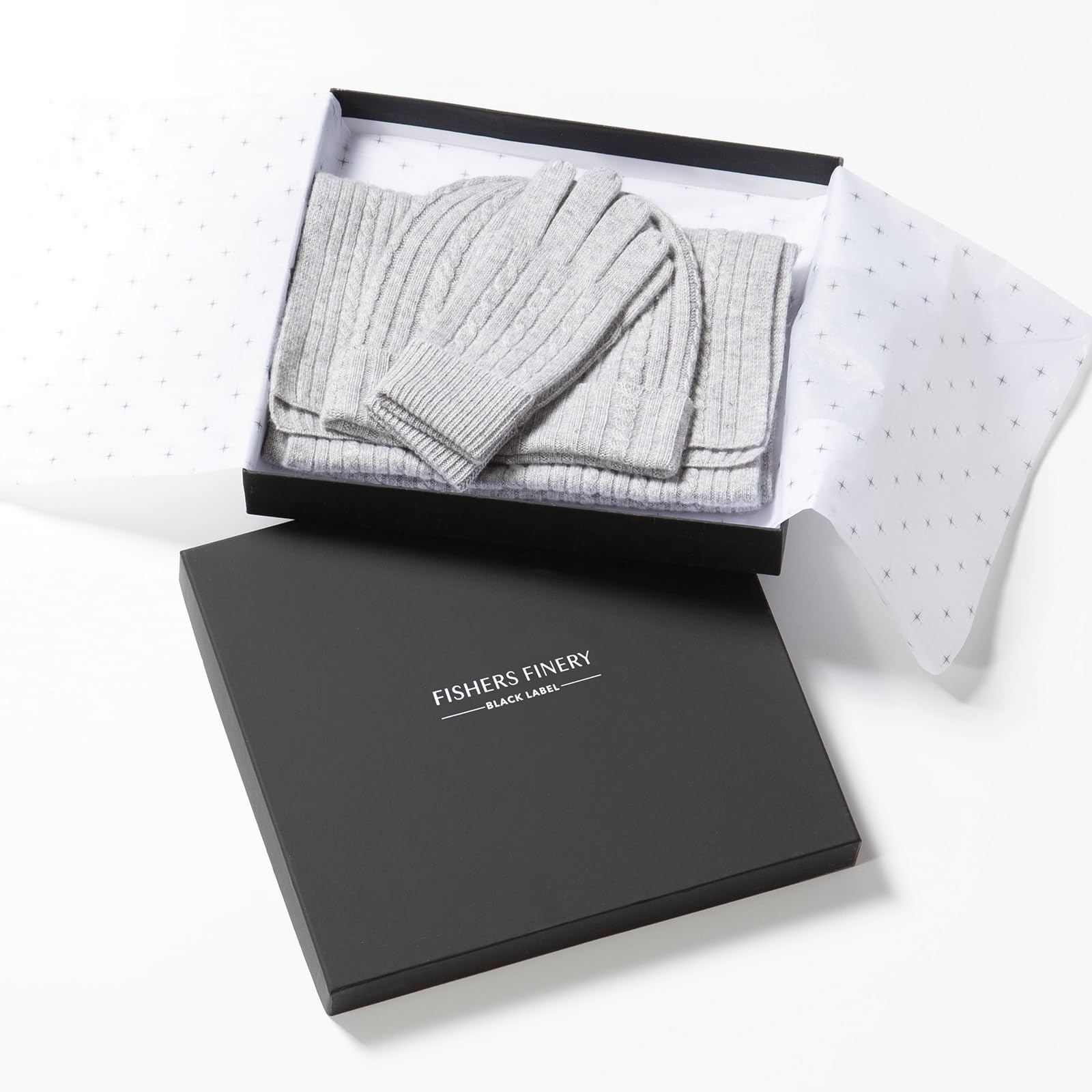 Fishers Finery Women's 100% Cashmere 3pc Cable Knit Set - Black Label Box (Heather Gray)