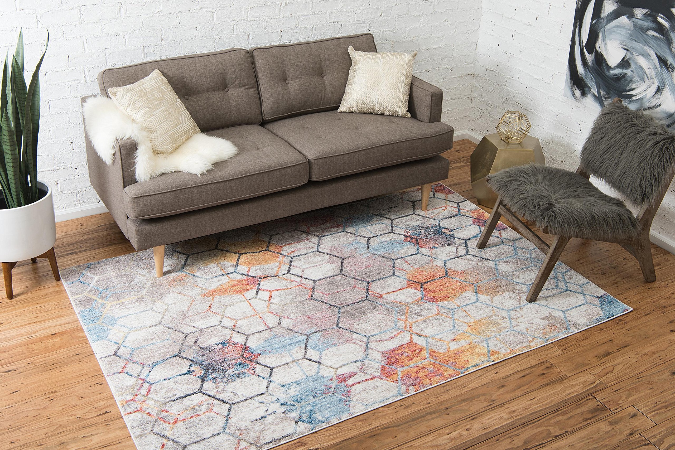 Unique Loom Rainbow Collection Geometric Abstract Trellis Modern Watercolor White Area Rug (7' 0 x 10' 0)