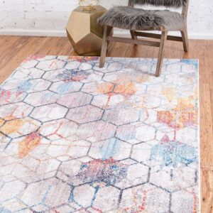 Unique Loom Rainbow Collection Geometric Abstract Trellis Modern Watercolor White Area Rug (7' 0 x 10' 0)