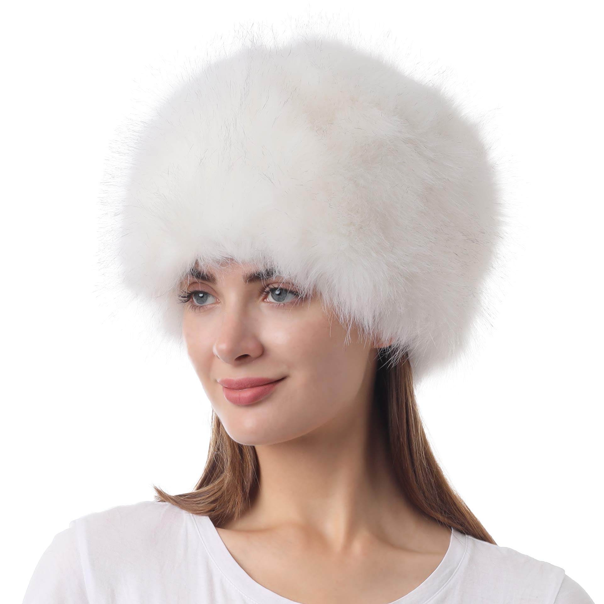 LA CARRIE Women's Faux Fur Hat for Winter with Stretch Cossack Russion Style(White)