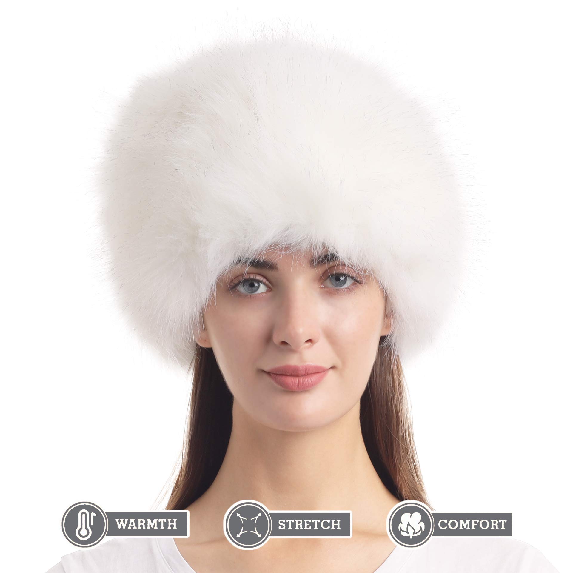 LA CARRIE Women's Faux Fur Hat for Winter with Stretch Cossack Russion Style(White)