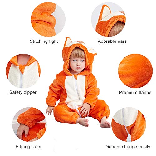 MICHLEY Newborn Baby Winter Hooded Romper Flannel Infant Jumpsuit Outfit, Fox, 13-18months, Size 90