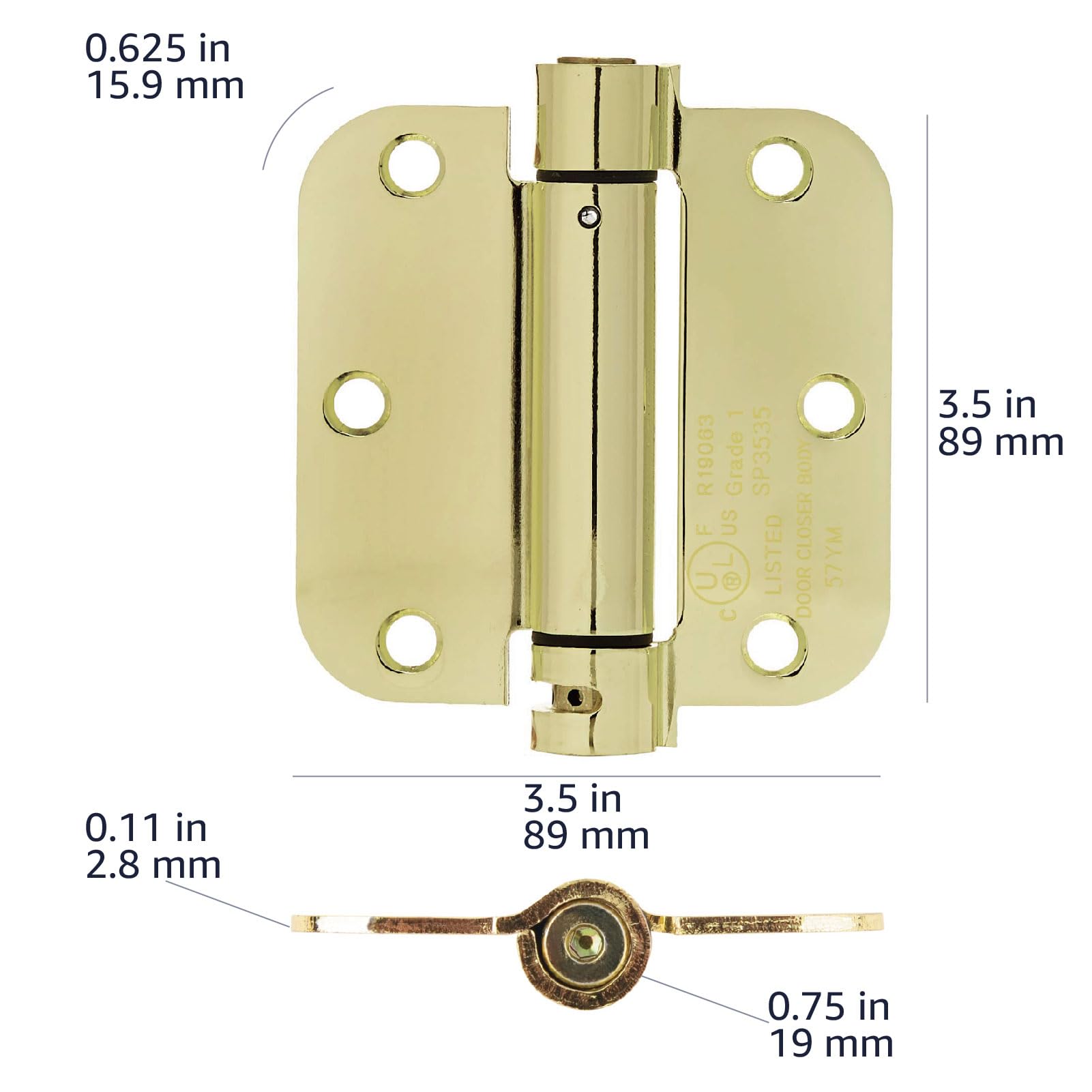 Amazon Basics Self-Closing Door Hinge, 3.5 Inch x 3.5 Inch, 1 Piece, Polished Brass