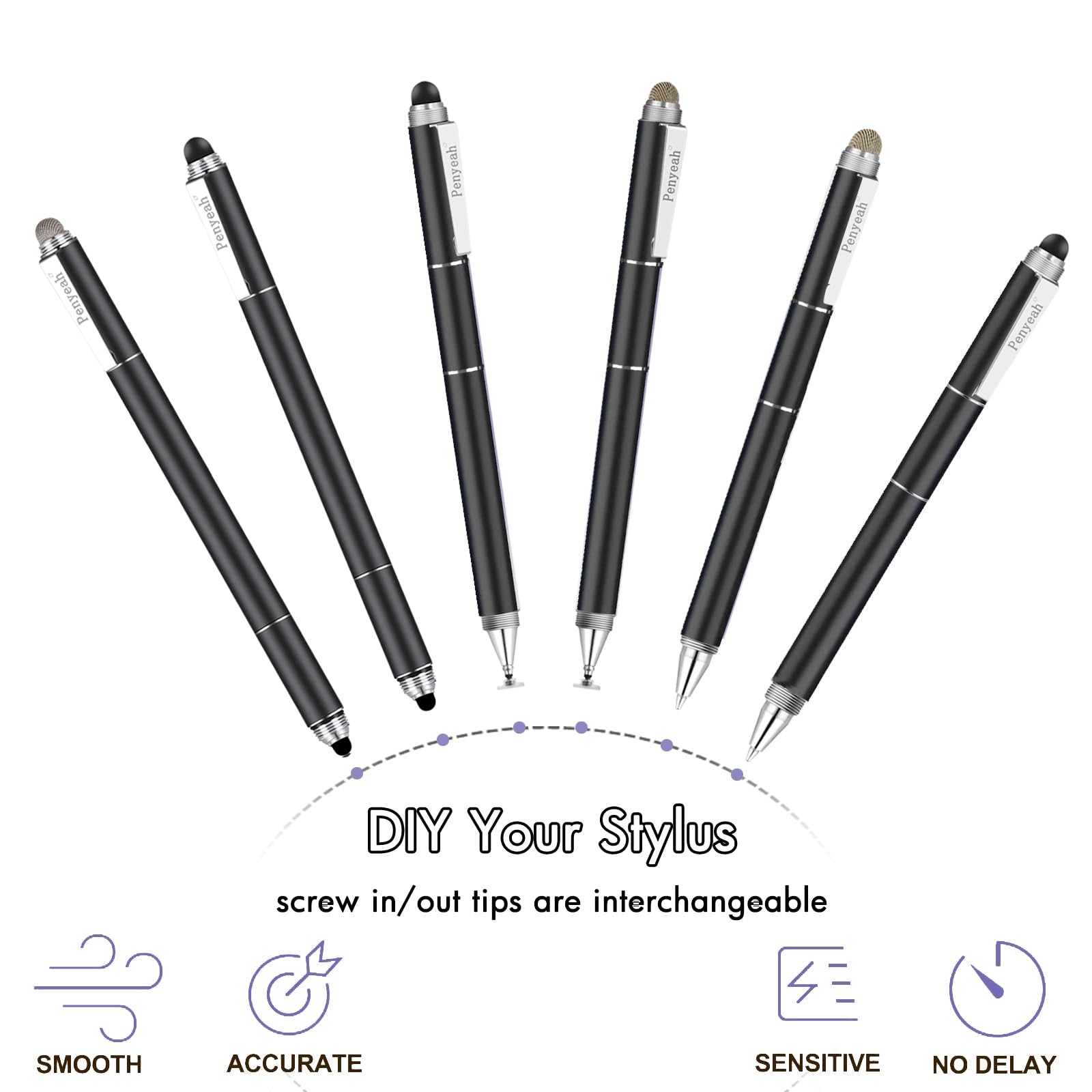 Penyeah Stylus Pen, 4 in 1 Disc Stylus Pens for Touch Screens, High Precision and Sensitivity Universal Capacitive Stylus, Stylist for Tablets,iPhone,iPad,Laptops with 4 Replacement Tips - Black