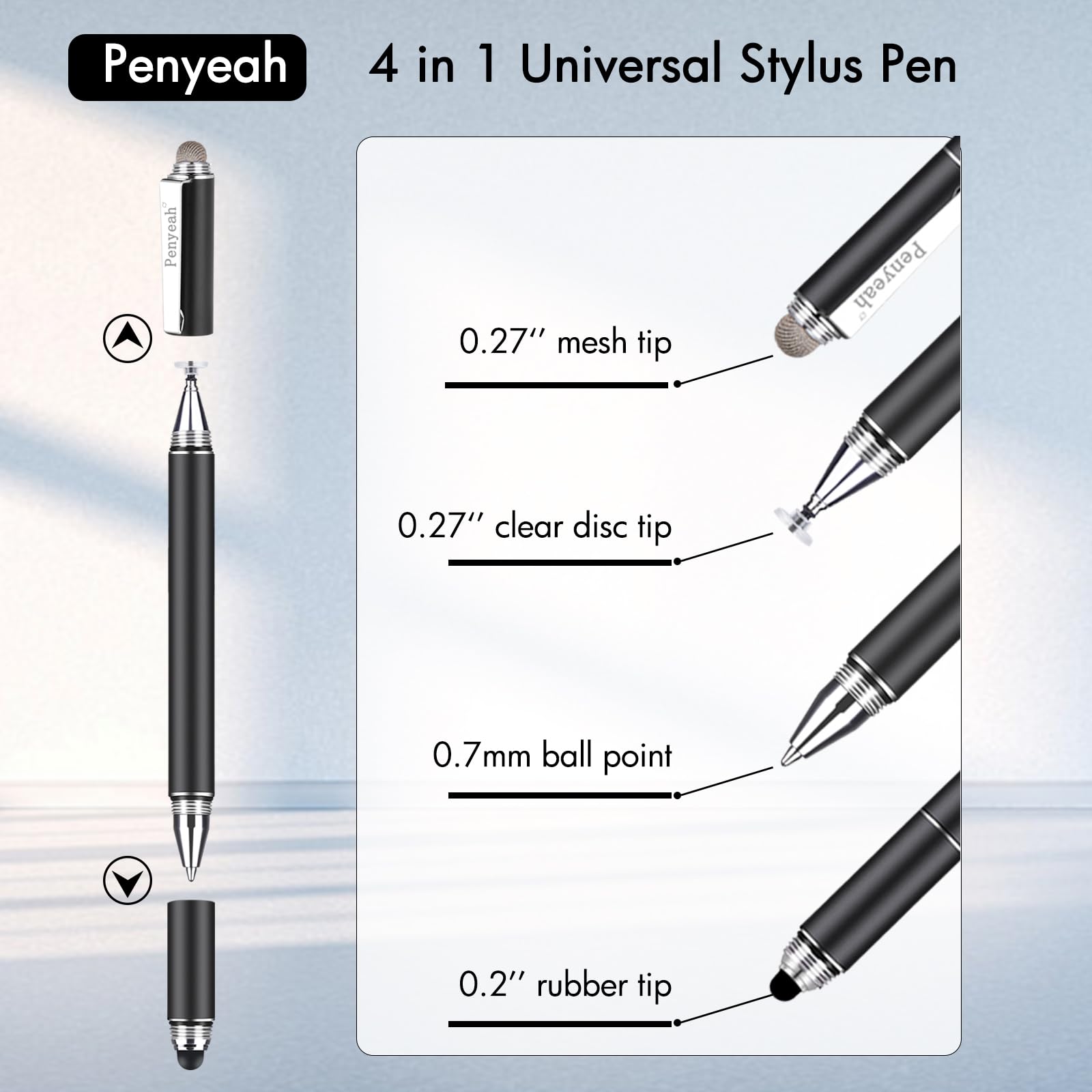 Penyeah Stylus Pen, 4 in 1 Disc Stylus Pens for Touch Screens, High Precision and Sensitivity Universal Capacitive Stylus, Stylist for Tablets,iPhone,iPad,Laptops with 4 Replacement Tips - Black