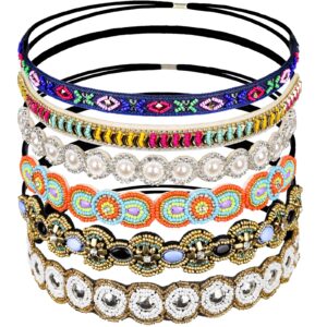 teenitor 6 pieces elastic rhinestone beaded women headbands, handmade vintage jewelry hair bands for girl hair accessories 20-26.8’’ multicolor