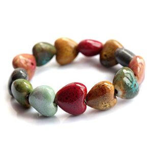 zittop bracelet colorful ceramic handmade simple ethnic style variety of shapes elastic hand chain for women (heart type)