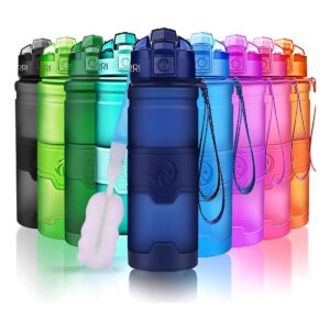 zorri sports water bottle leak proof, bpa free reusable portable sports bottle for outdoors, cycling, camping, hiking, fitness, running, gym bottles with filter, one click flip cap - for kids/adults